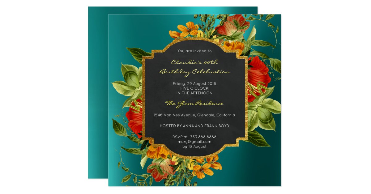 Floral Baroque Birthday Gold Frame Tropical Teal Invitation | Zazzle.com