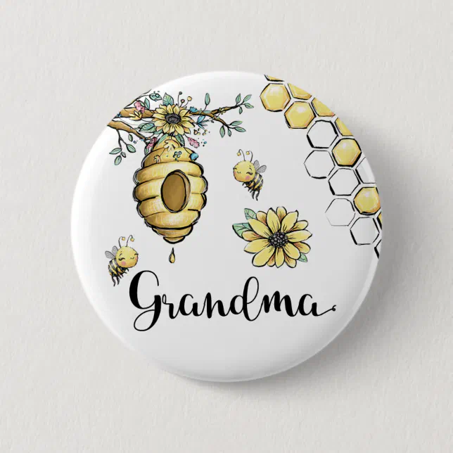 Floral Beehive Honey Sweet Bee Baby Shower Grandma Button | Zazzle