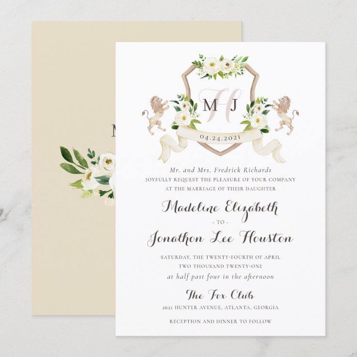 Floral Beige White Greenery Elegant Ivory Crest Invitation | Zazzle