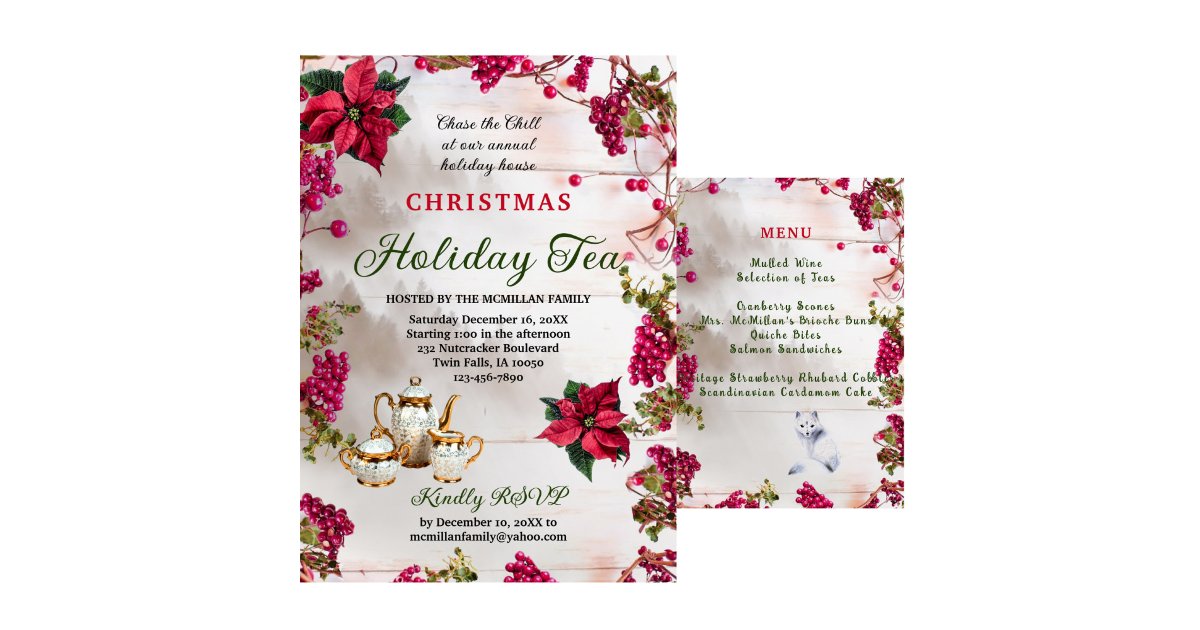 Floral & Berries Christmas Holiday Tea Invitation | Zazzle