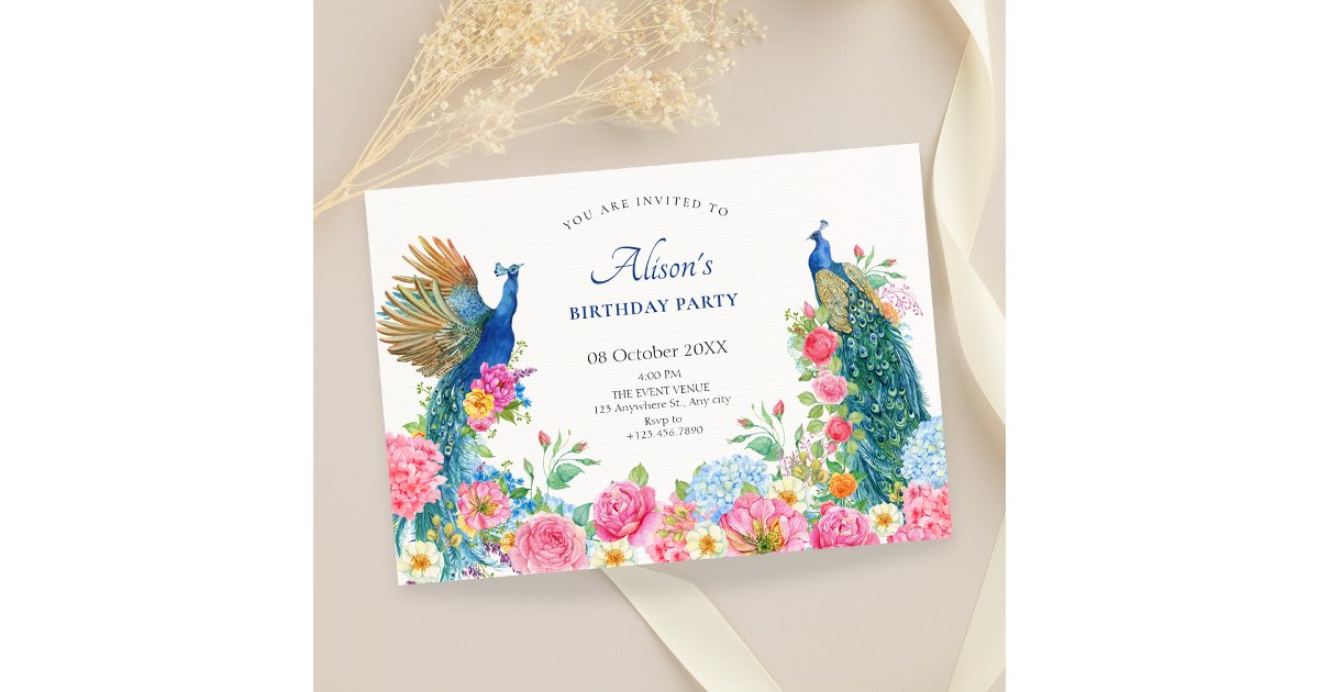 Floral bird peacock birthday invitation | Zazzle
