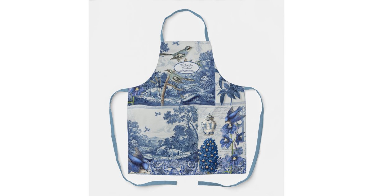 Floral Birds English Garden Blue and White Toile A Apron | Zazzle