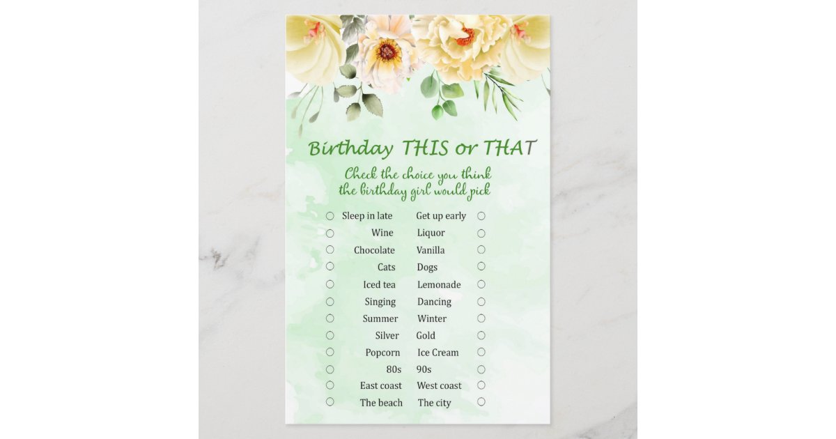 Floral Birthday This or That Game | Zazzle