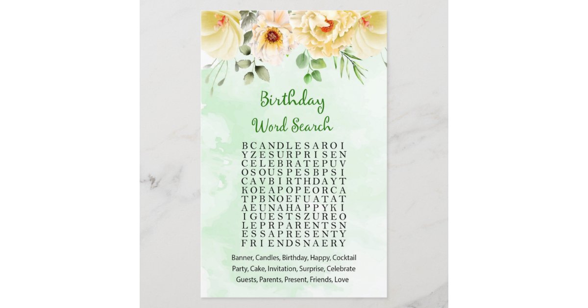 Floral Birthday Word Search Game | Zazzle