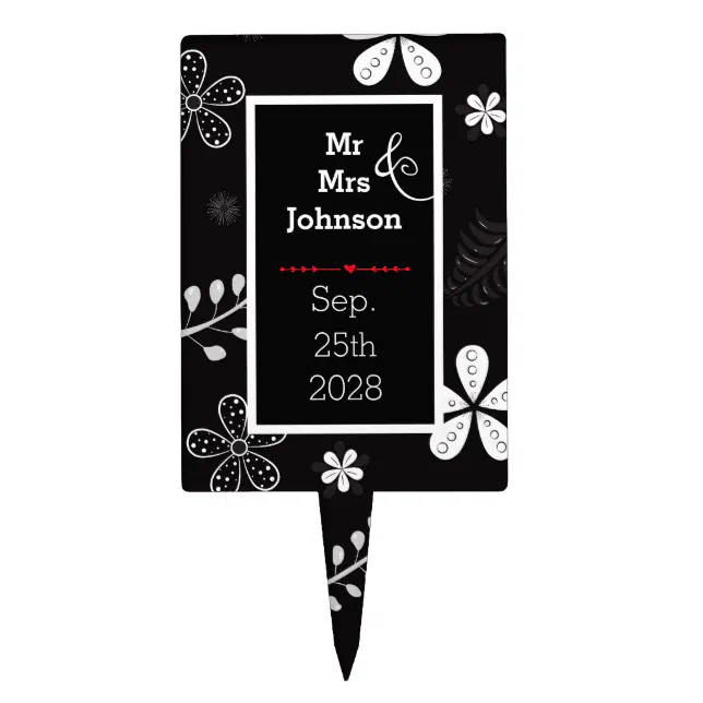 Floral Black and White Wedding Cake Topper | Zazzle
