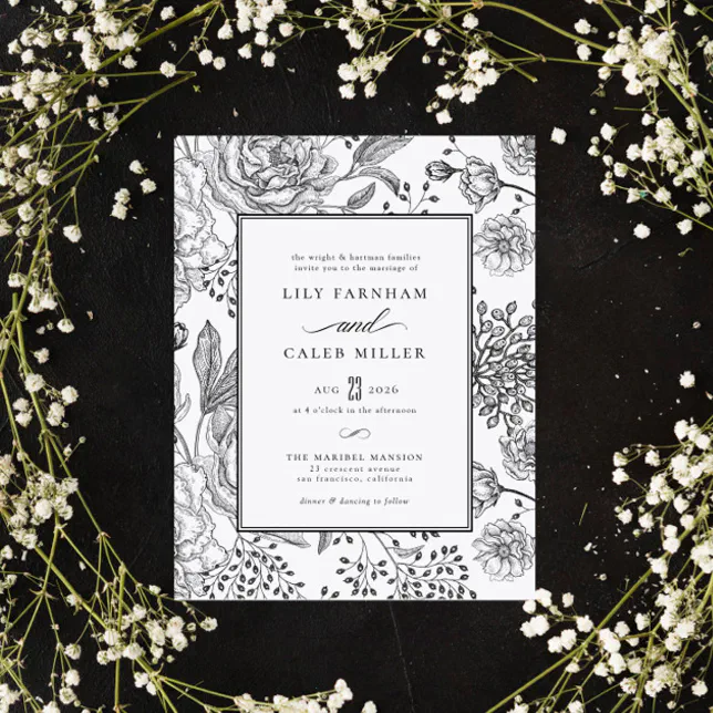 Floral Black Elegant Wedding Invitation | Zazzle