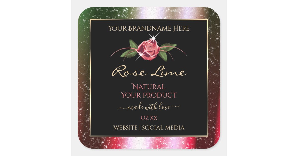 Floral Black Product Labels Green and Pink Glitter | Zazzle