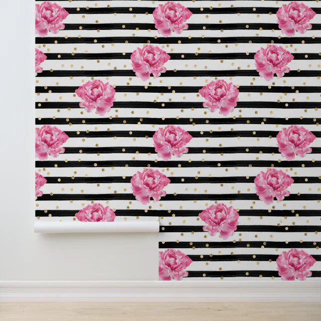 Floral Black Stripe and Gold Confetti Wallpaper | Zazzle