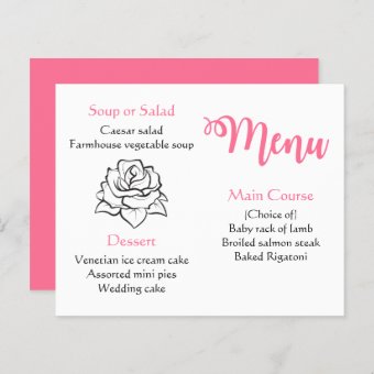 Floral Black & White Rose Flower Pink Menu Wedding | Zazzle