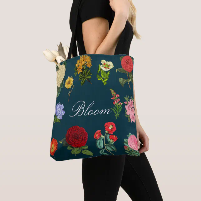 Floral Bloom, Vintage Flowers Black Tote Bag | Zazzle