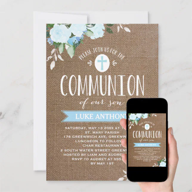 Floral Blooms Burlap Blue | Communion Invitation | Zazzle