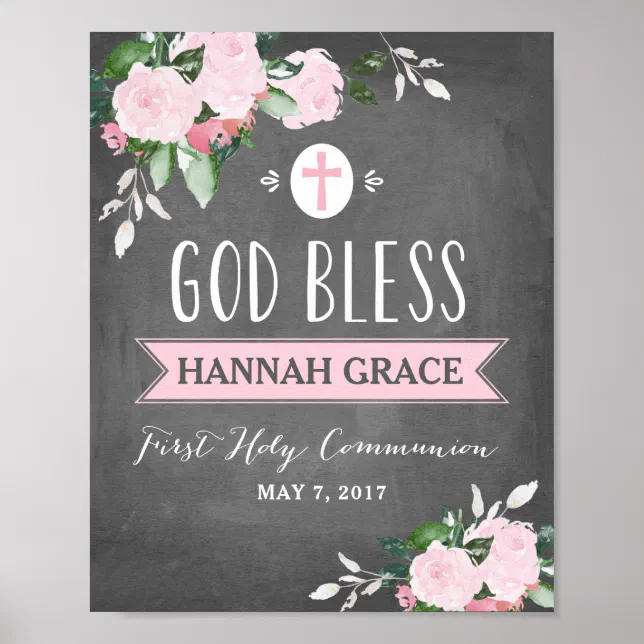Floral Blooms Chalkboard God Bless Communion Sign | Zazzle