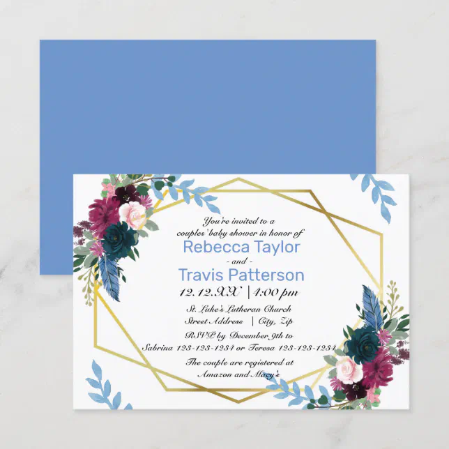 Floral Blooms Mod Blue - 3x5 Couples' Baby Shower Invitation | Zazzle