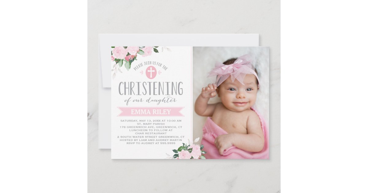 Floral Blooms Pink | Christening Invitation | Zazzle