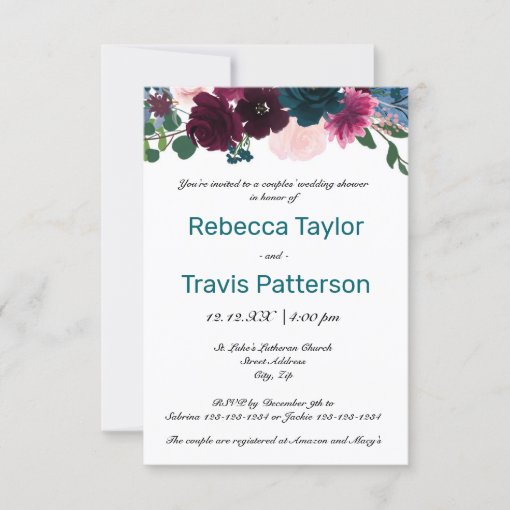 Floral Blooms Teal - 3x5 Couples' Wedding Shower Invitation | Zazzle