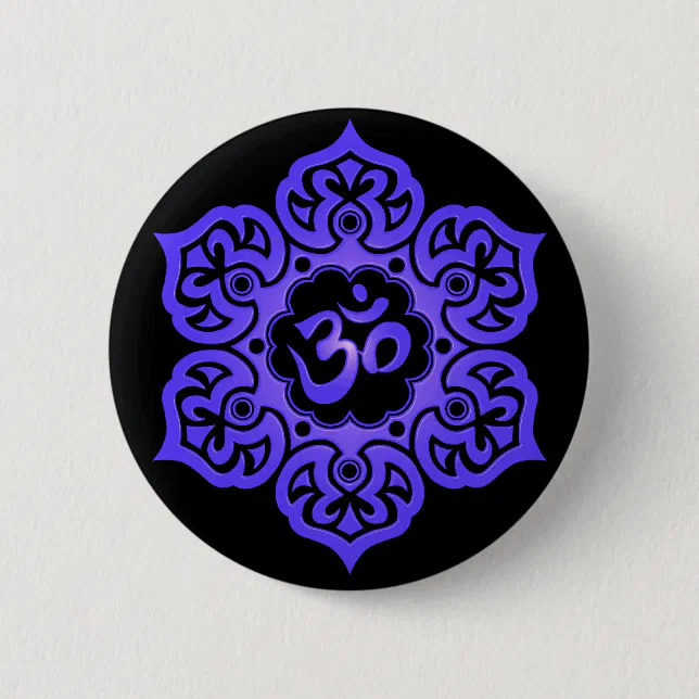 Floral Blue and Black Aum Design Pinback Button | Zazzle