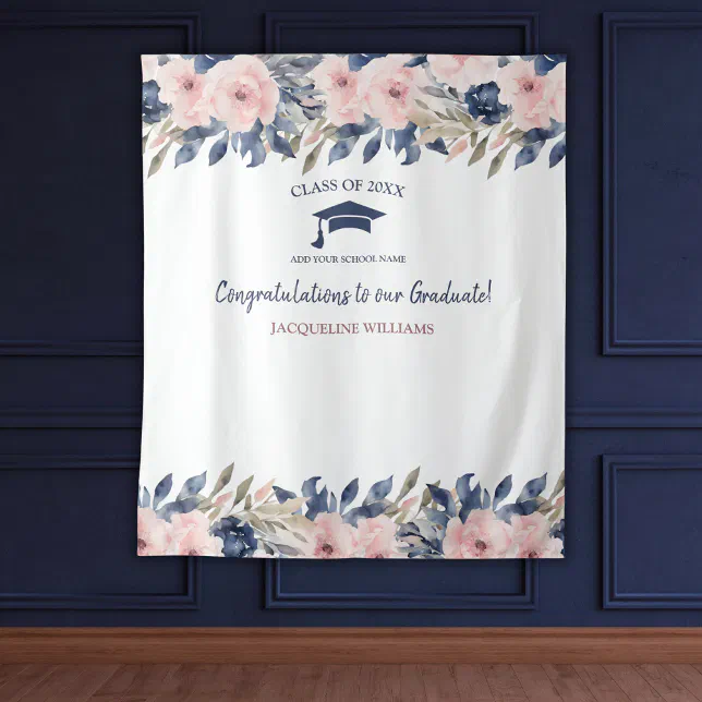 Floral Blue and Pink Graduation Photo Backdrop | Zazzle