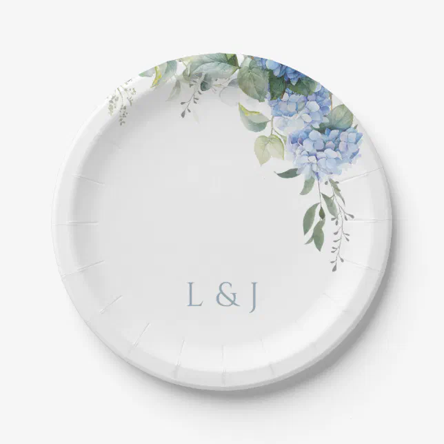 Floral Blue and White Hydrangea Event Wedding Paper Plates | Zazzle