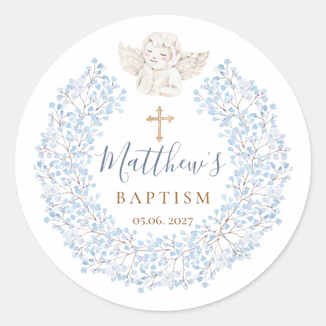 Floral Blue Baby Angel Cross Baptism Classic Round Sticker | Zazzle