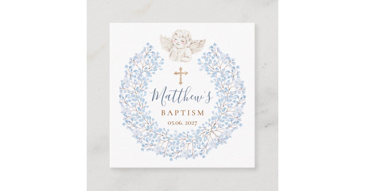 Floral Blue Baby Angel Cross Baptism Enclosure Card | Zazzle