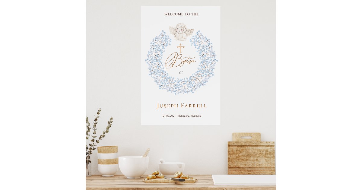 Floral Blue Baby Angel Cross Baptism Poster | Zazzle