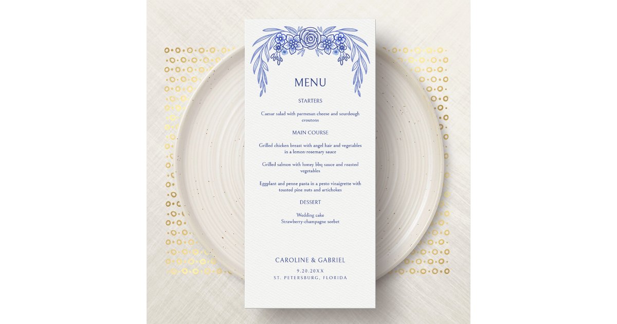 Floral Blue French Wedding Menu | Zazzle