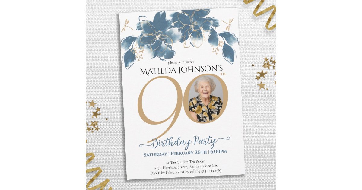 Floral Blue Gold Custom Photo 90th Birthday Invitation | Zazzle