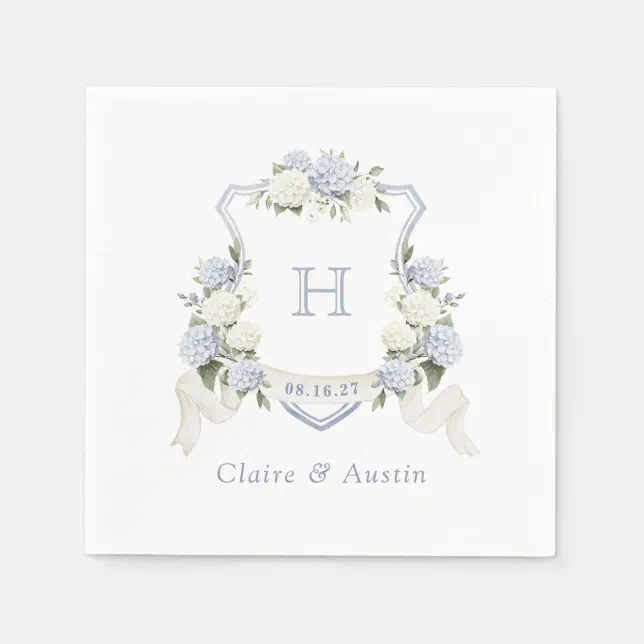 Floral Blue Hydrangea Crest Wedding Monogram Napkins | Zazzle