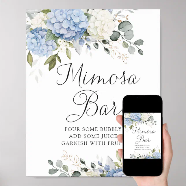 Floral Blue Hydrangea Greenery Wedding Mimosa Bar Poster | Zazzle