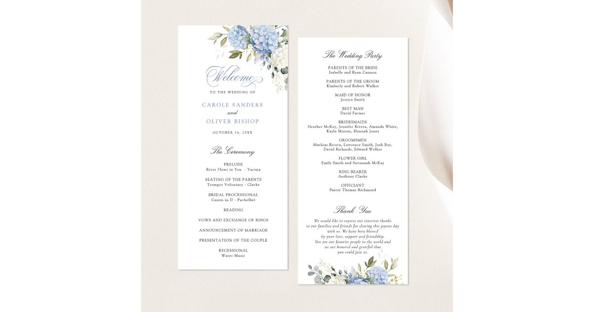 Floral Blue Hydrangea Greenery Wedding Program | Zazzle
