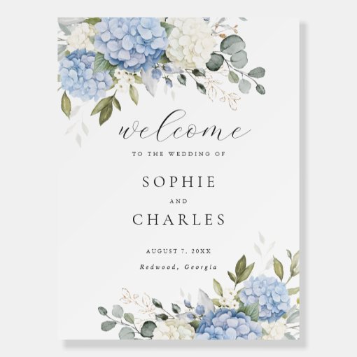Floral Blue Hydrangea Greenery Wedding Welcome Foam Board | Zazzle