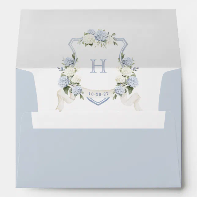 Floral Blue Hydrangea Wedding Crest Envelope | Zazzle