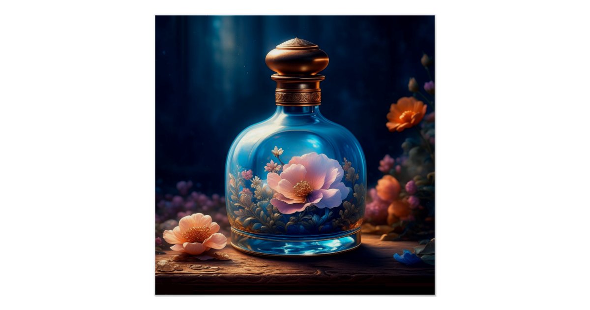 Floral Blue Perfume Bottle Poster | Zazzle