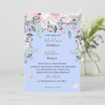 Floral Blue Periwinkle Gold Pink Wedding Invitation | Zazzle