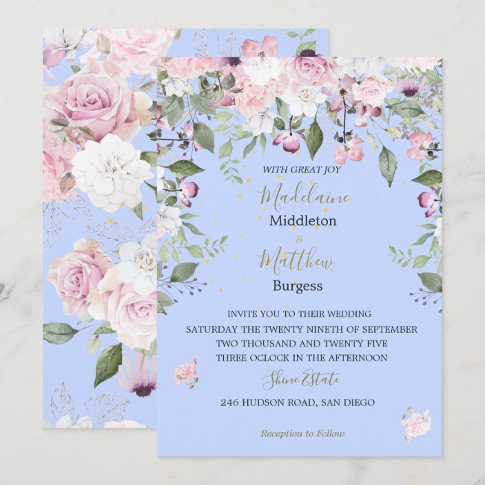 Floral Blue Periwinkle Gold Pink Wedding Invitation | Zazzle.com