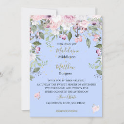 Floral Blue Periwinkle Gold Pink Wedding Invitation | Zazzle