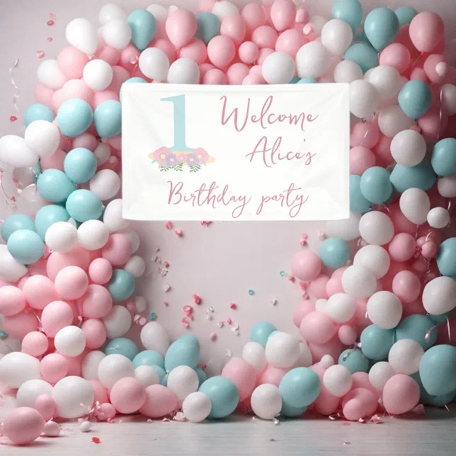 Floral blue, pink pastel 1st Birthday party Banner | Zazzle