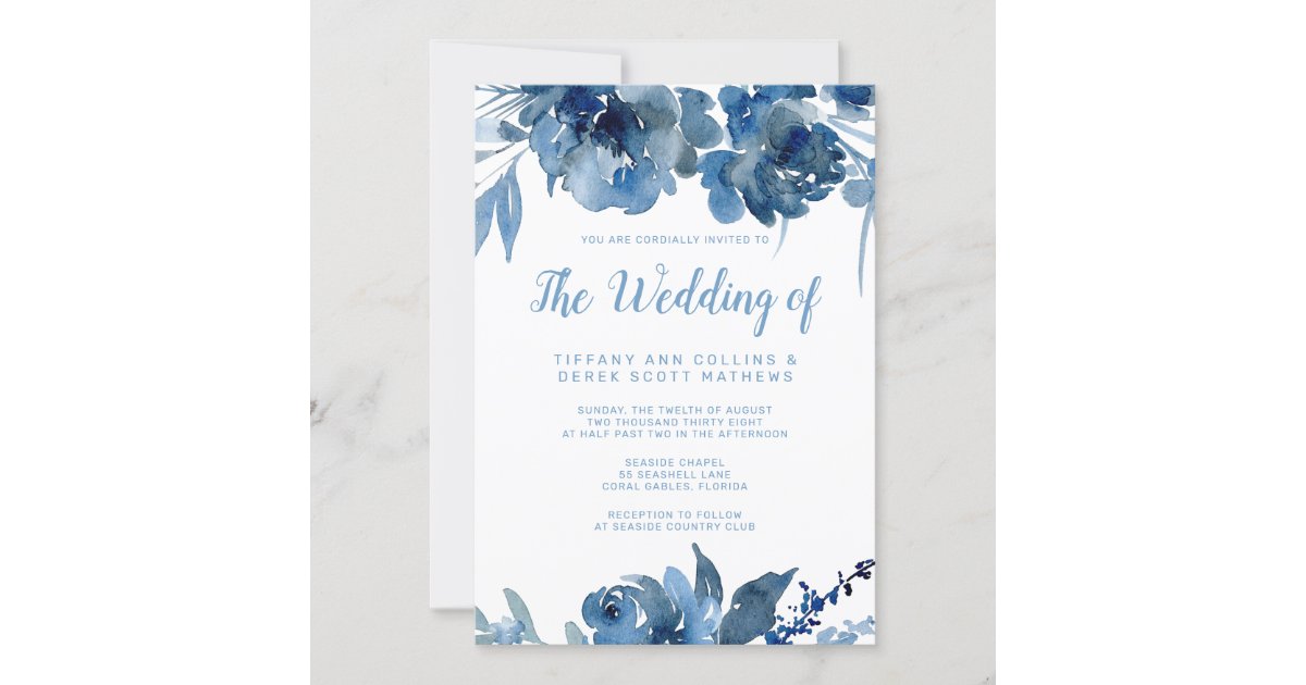 Floral Blue Watercolor Wedding Invitation | Zazzle