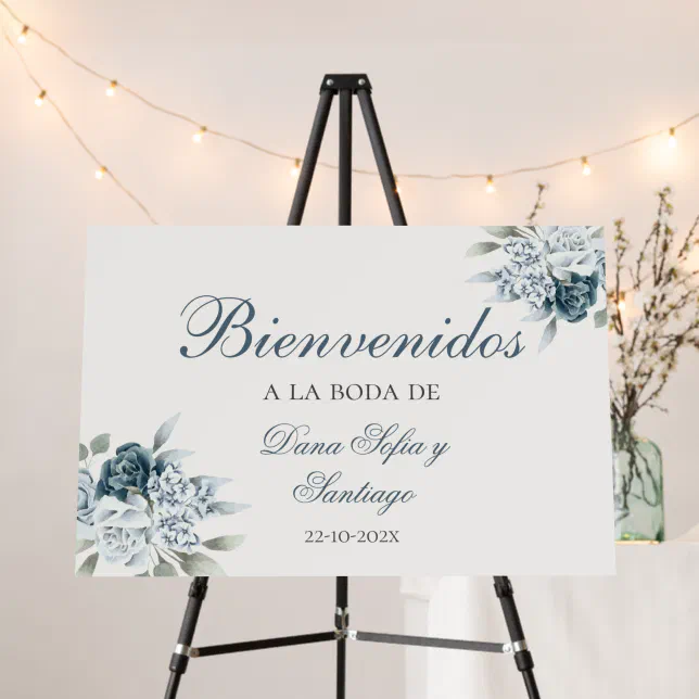 Floral Blue Wedding Spanish Welcome sign | Zazzle
