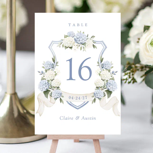 Floral Blue White Hydrangea Crest Table Number | Zazzle