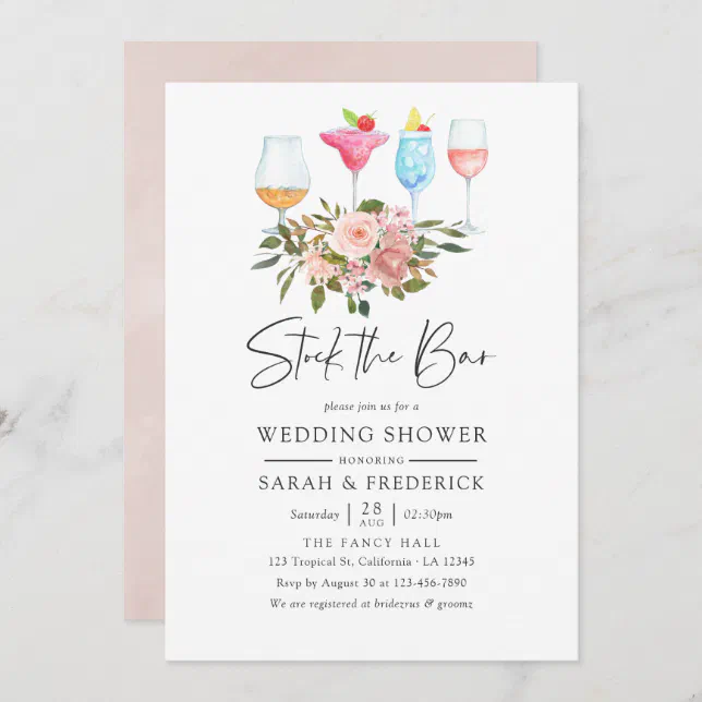 Floral Blush and Rose Gold Stock the Bar Invitation | Zazzle