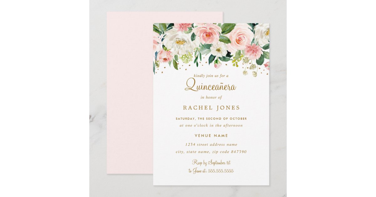 Floral Blush Gold Quinceanera Invitation | Zazzle