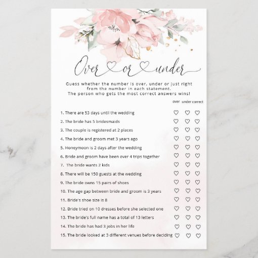 Floral blush over or under bridal shower game | Zazzle