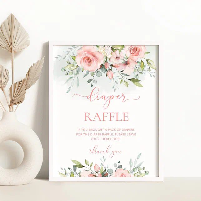 Floral blush pink foliage diaper raffle poster | Zazzle