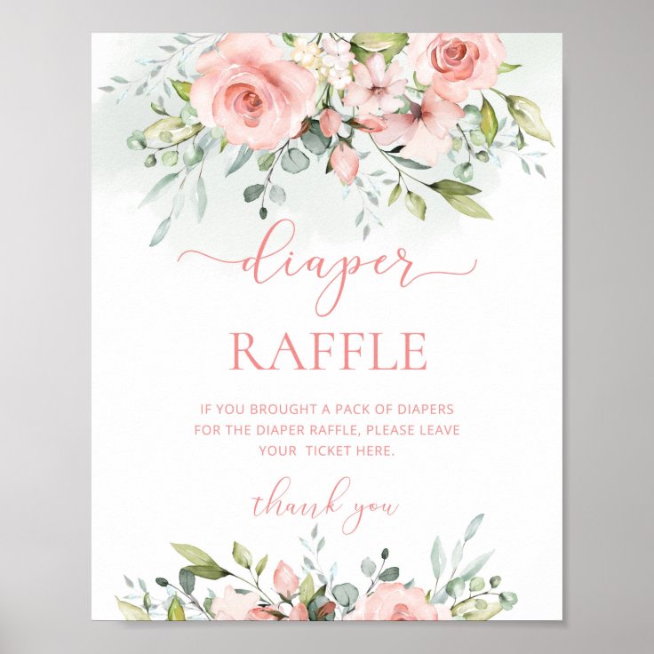 Floral blush pink foliage diaper raffle poster | Zazzle