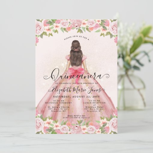 Floral Blush Pink Gold Glam Princess Quinceanera Invitation | Zazzle