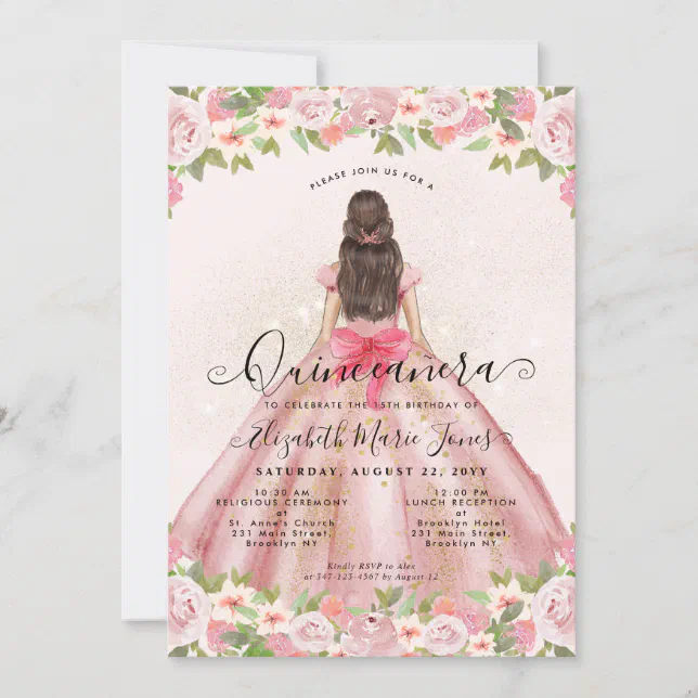 Floral Blush Pink Gold Glam Princess Quinceanera Invitation | Zazzle