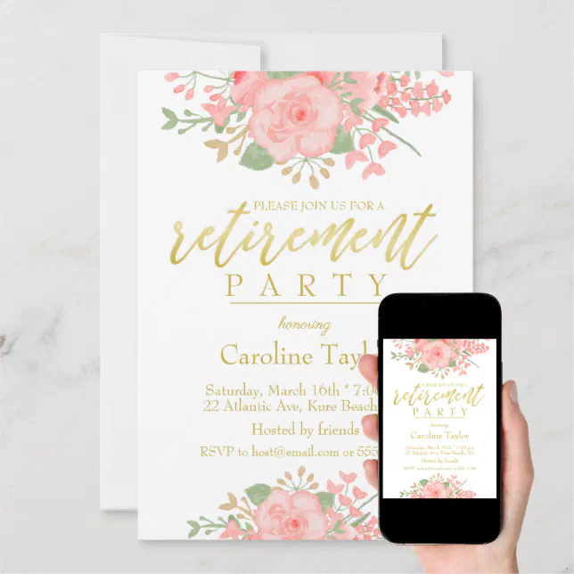 Floral Blush Pink Gold Retirement Party Invitation | Zazzle