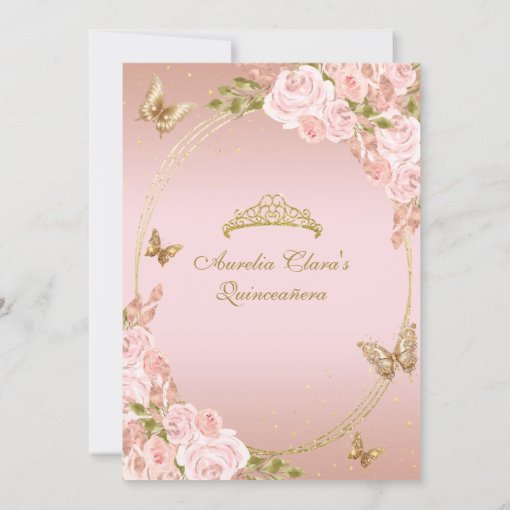 Floral Blush Pink Gold Tiara Butterfly Quinceañera Invitation | Zazzle