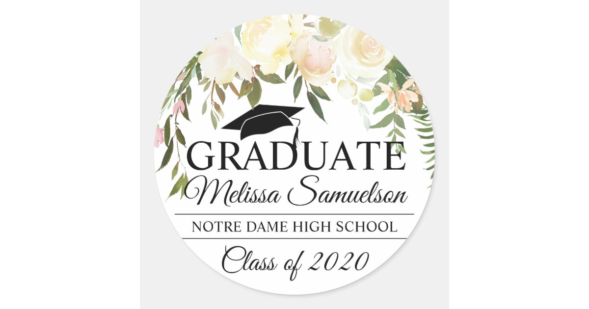 Floral Blush Pink GRADUATE Graduation Cap Classic Round Sticker | Zazzle